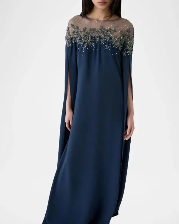 Carolina Herrera Embroidered Split-sleeve Illusion Gown - Midnight
