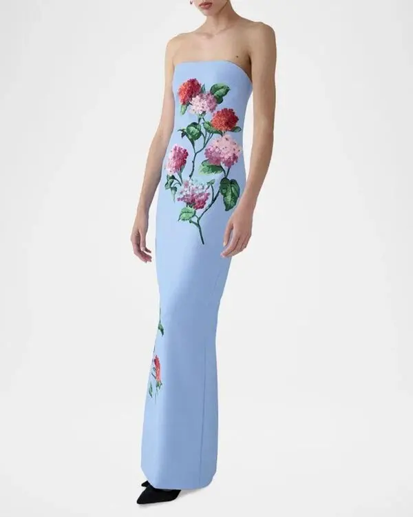 Carolina Herrera Strapless Floral-print Column Gown - Cloudy Blu
