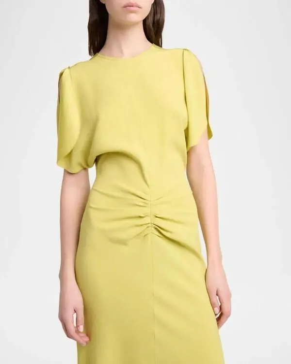 Victoria Beckham Bela Gathered Crepe Back Satin Midi Dress - Chartreuse