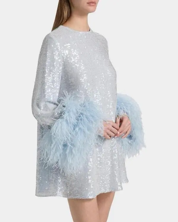 Lapointe Feather Cuff Long-sleeve Sequined Mini Shift Dress