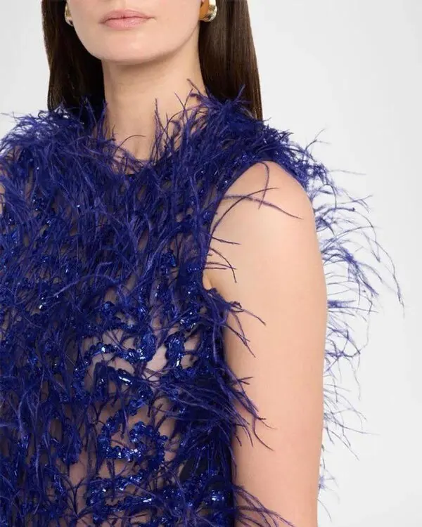 Lapointe Sleeveless Feather Sequined Tulle Crop Top