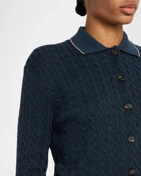 Brunello Cucinelli Shimmering Cable Knit Collared Cardigan - Navy