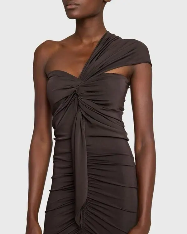 Balmain One-shoulder Twisted Jersey Slit Gown - Marron
