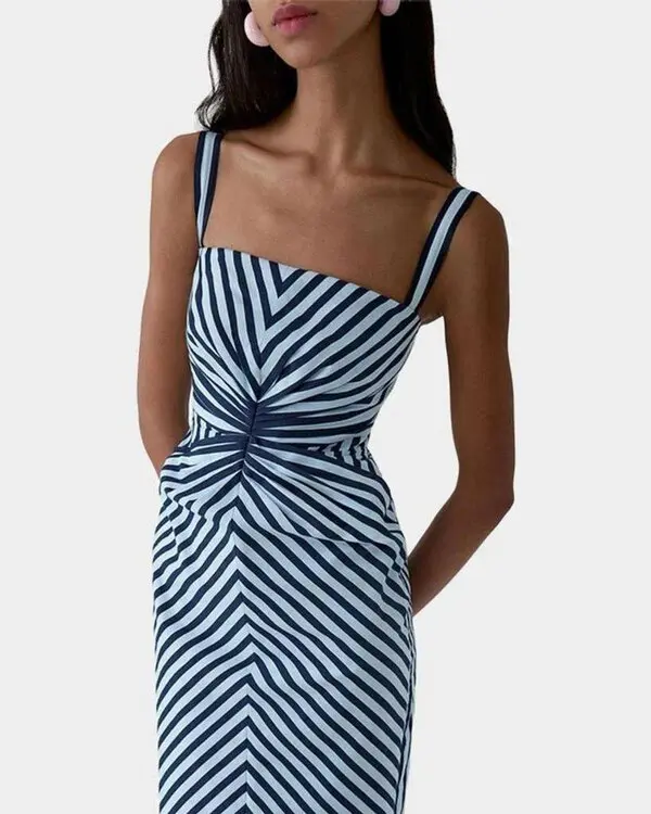 Carolina Herrera Sleeveless Striped Gathered-waist Midi Dress - Cloudy Blue Multi