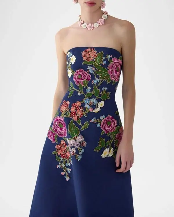 Carolina Herrera Strapless Floral-embroidered Silk Gown - Midnight