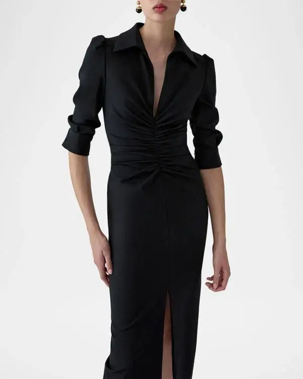 Carolina Herrera Ruched Jersey Wool Midi Dress - Black