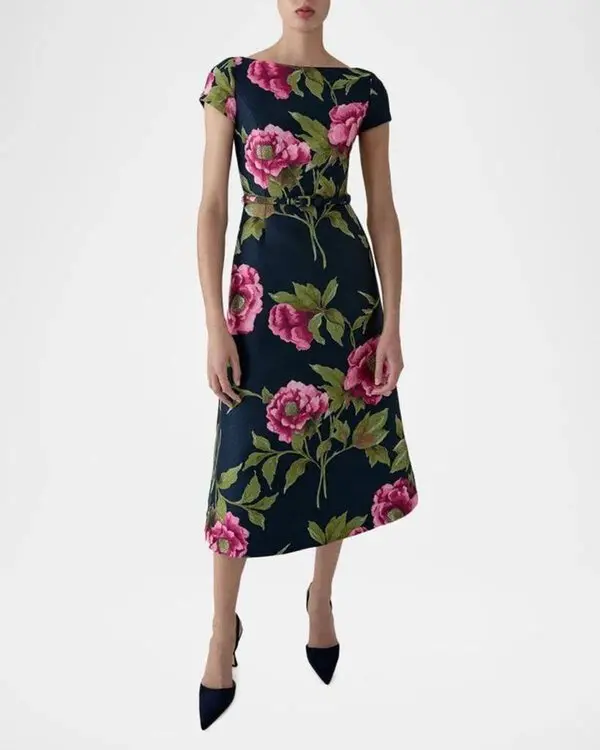 Carolina Herrera Metallic Floral Jacquard Short-sleeve Belted Midi Dress - Midnight Multi