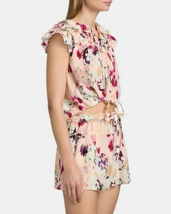 Ulla Johnson Eleonore Floral Ruffled Silk Tieneck Top - Summer Gar