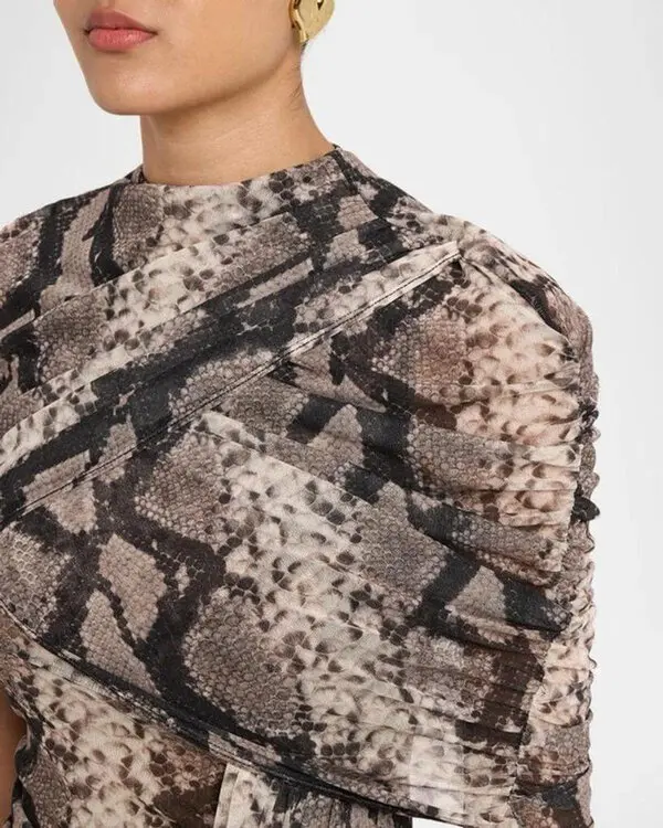 Lapointe Snakeskin-print Mesh Draped Capelet Maxi Dress