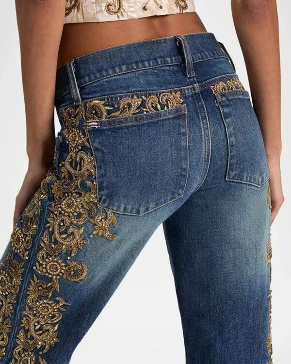 Alice + Olivia Emryn Embellished Ultra Low-rise Relaxed Flared Jeans