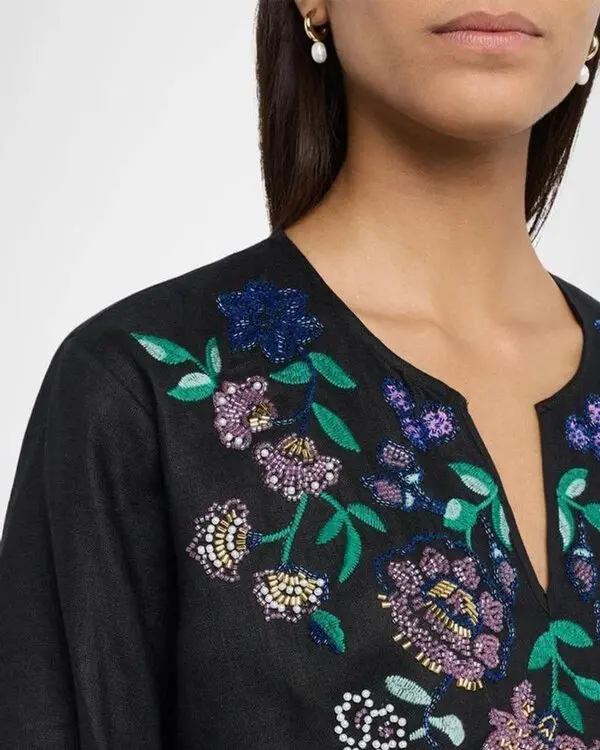 Johnny Was Beaded Floral Split-neck Linen Blouse - Black
