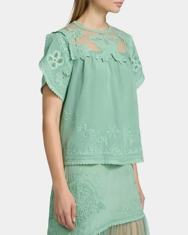 Ulla Johnson Alma Short-sleeve Lace Silk Top