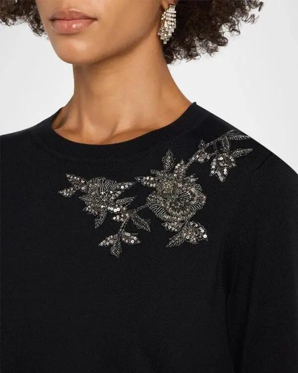 Carolina Herrera Flower Beaded Silk-cotton Crewneck Sweater - Black