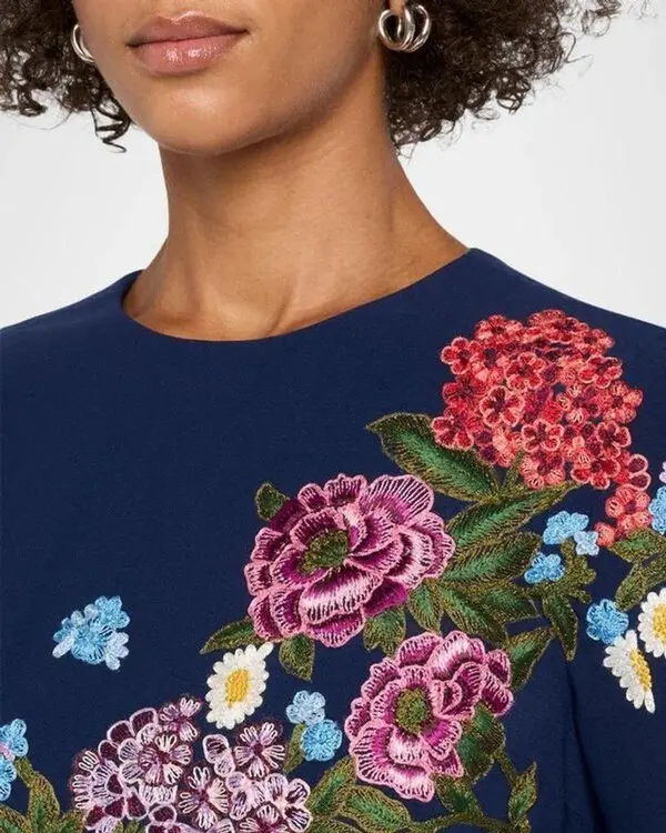 Carolina Herrera Floral Embroidered Crepe Short-sleeve Mini Dress - Midnight
