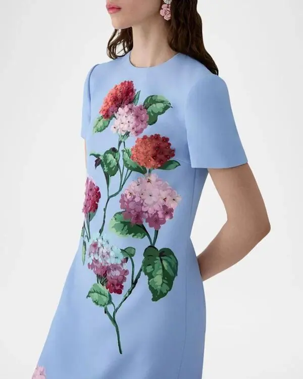 Carolina Herrera Hydrangea-print Crepe Short-sleeve Ankle Dress - Cloudy Blue