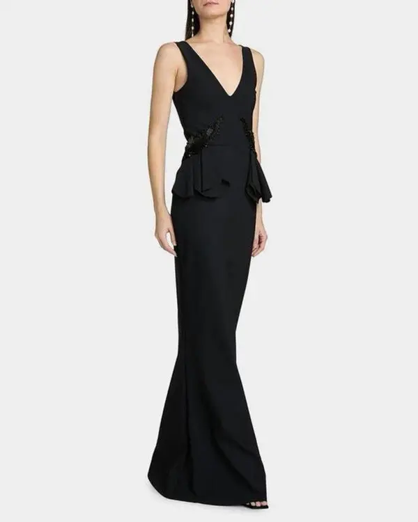 Chiara Boni La Petite Robe Nawa Deep V-neck Beaded Mermaid Gown