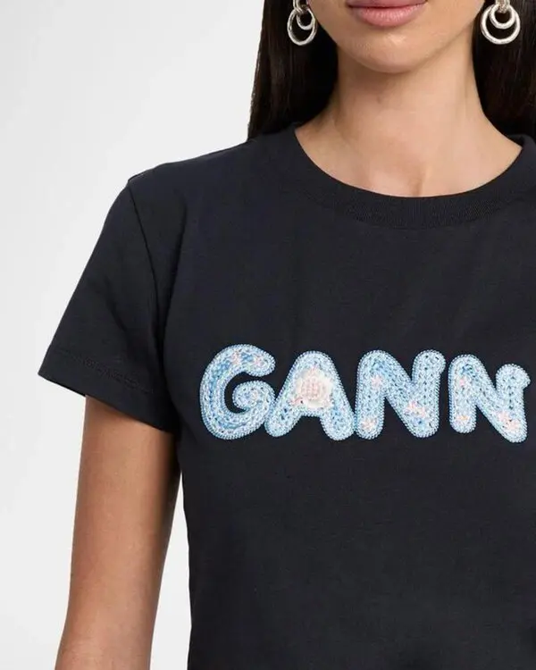 GANNI Logo Embroidered Cotton-jersey Tee - Phantom