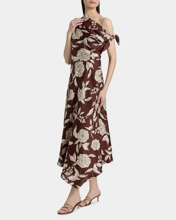 Tanya Taylor Loretta Floral Satin One-shoulder Midi Dress - Deep Redwo