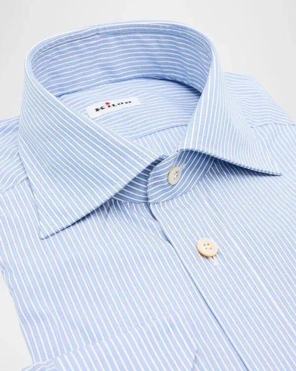 Kiton Apos;s Cotton Fine Stripe Dress Shirt With Mother-of-pearl Buttons - Blue