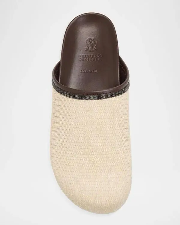 Brunello Cucinelli Monili Leather-trimmed Raffia Mules