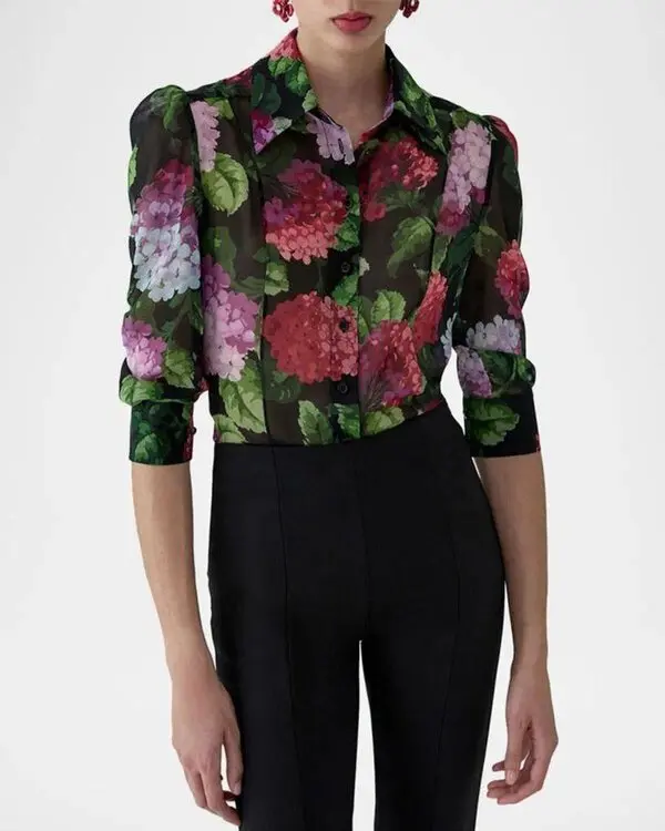 Carolina Herrera Semi-sheer Floral Buttoned Blouse