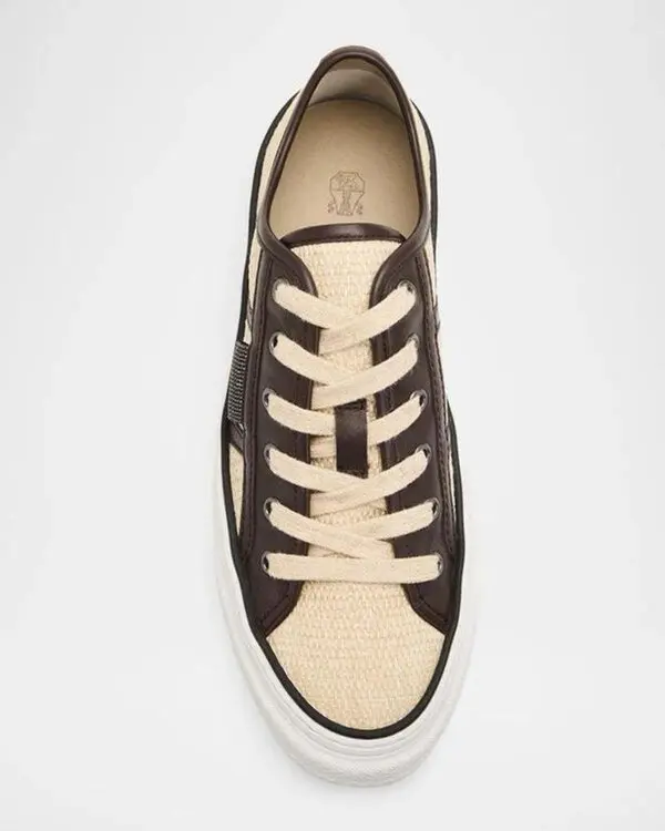 Brunello Cucinelli Techno Raffia & Leather Low-top Sneakers