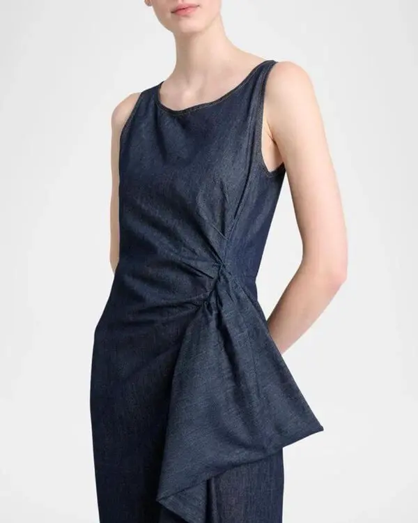 Dries Van Noten Dropps Denim Ruffle Sleeveless Midi Dress