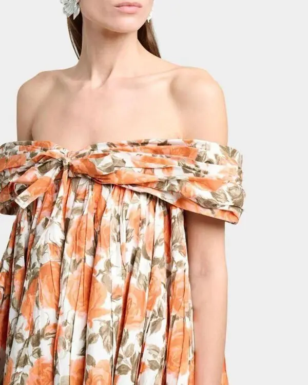 Chloé Floral Pleated Off-the-shoulder Mini Babydoll Dress - White/orange