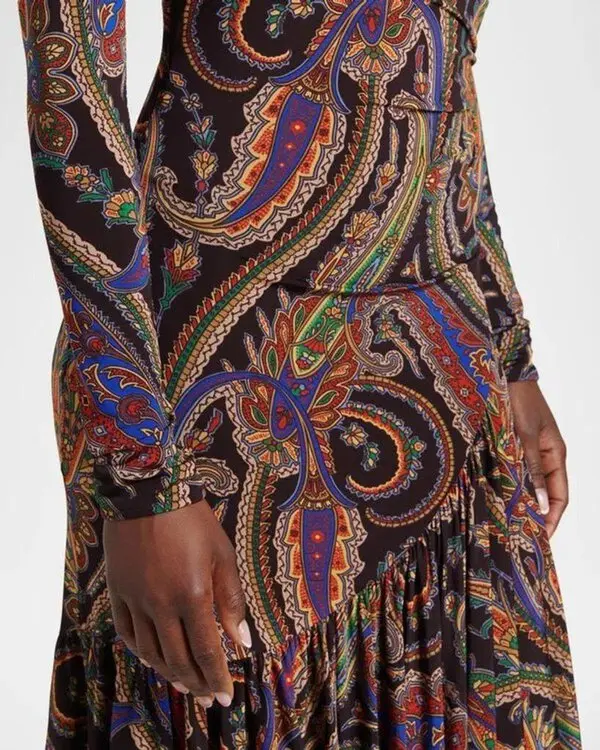 Etro Long-sleeve Paisley Jersey Ruffle Midi Dress