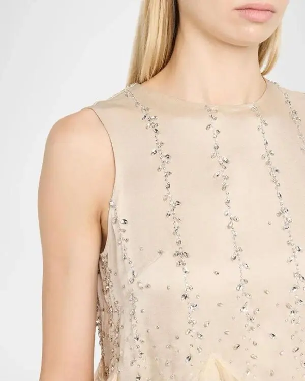 Lapointe Crystal & Feather Embellished Satin Cropped Tank Top