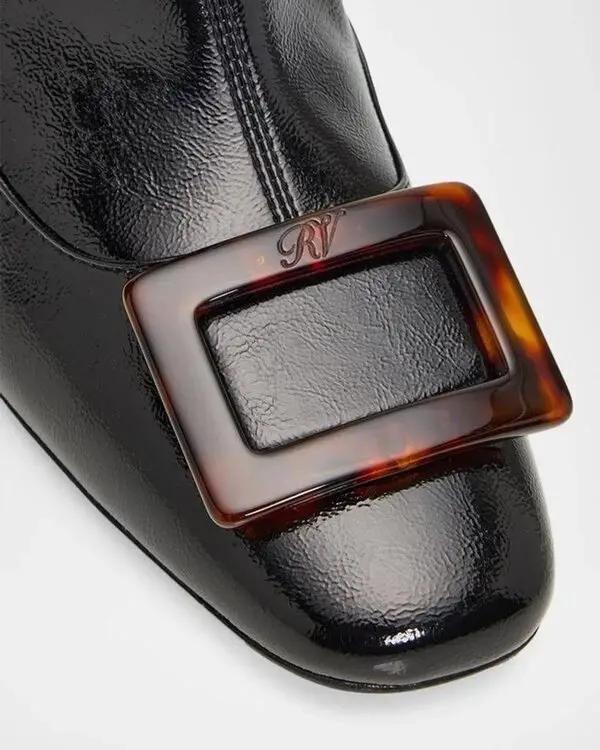 ROGER VIVIER 45mm Roundy Turtle Buckle Patent Leather Ankle Boots