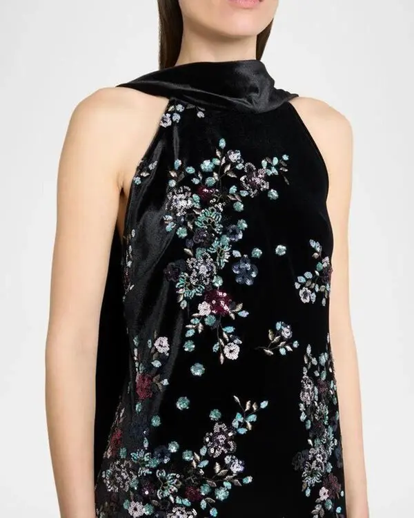 Talbot Runhof Sequin Bloom Velvet Neck-scarf Halter Gown