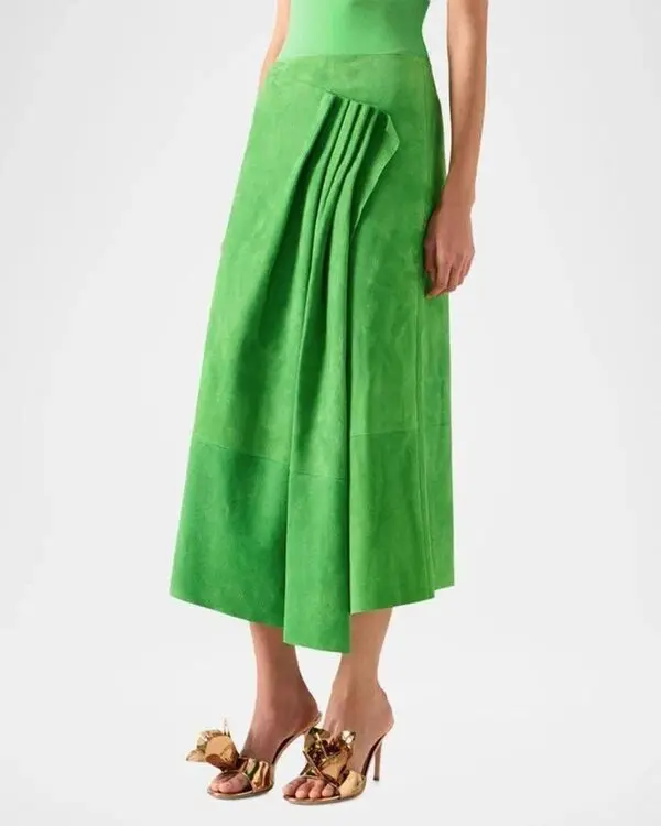 Akris Pleat Gathered Suede Midi Skirt