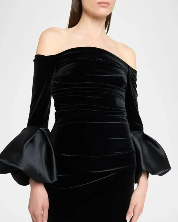 Talbot Runhof Ruffle Long-sleeve Stretch Velvet Off-the-shoulder Gown