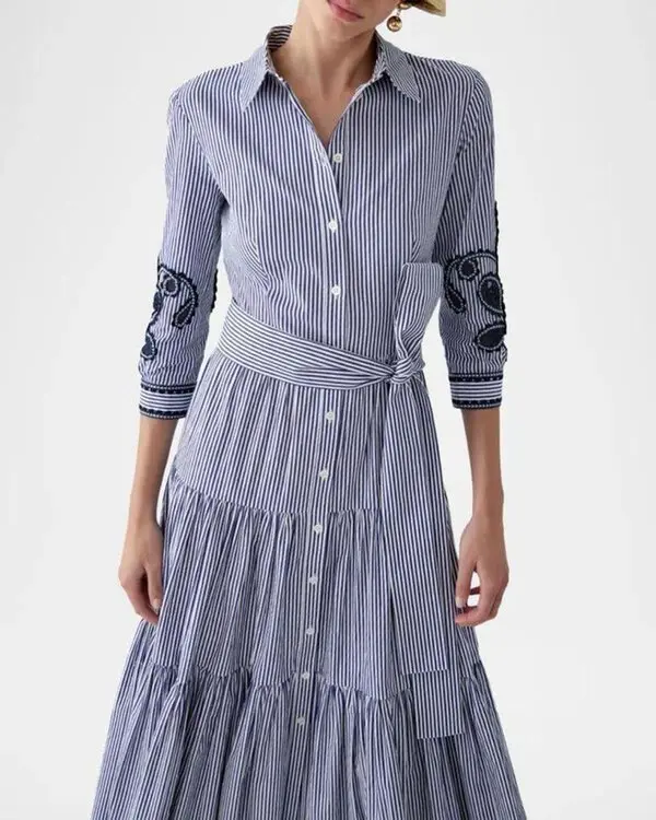 Carolina Herrera Paisley Embroidered 3/4-sleeve Tiered Midi Shirtdress - White Blue