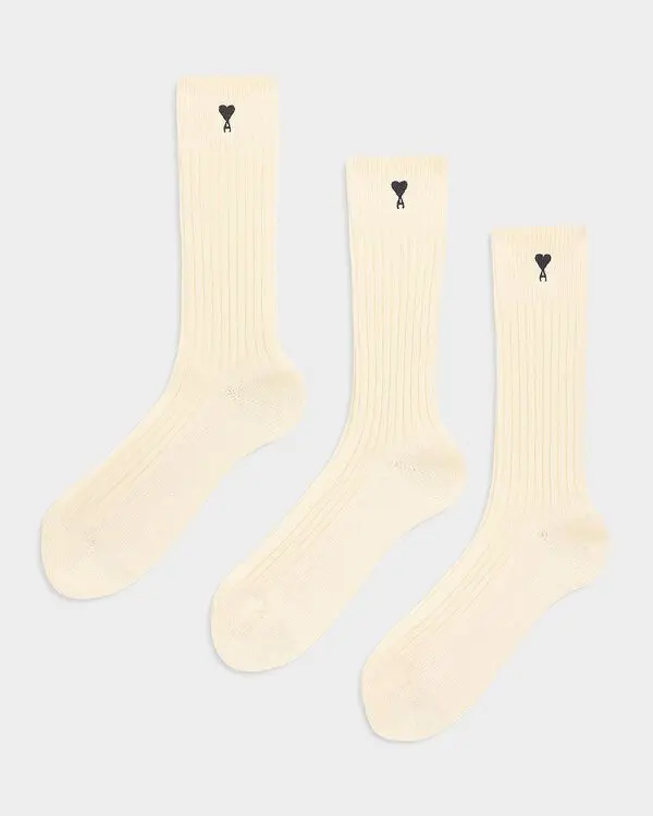 AMI Paris Apos;s Embroidered Three-pack Ribbed Crew Socks - Ecru