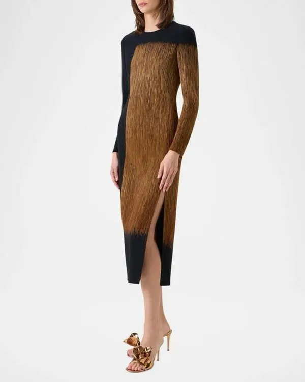 Akris Oro Lienzo Print Wool Crepe Long-sleeve Midi Dress