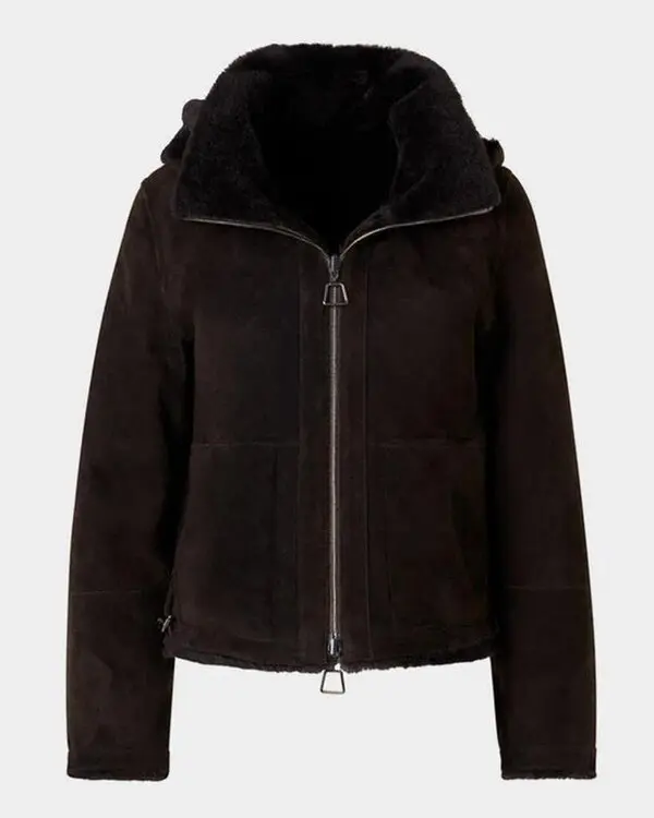 Akris Dino Reversible Lamb Shearling Zip Jacket With Detachable Hood
