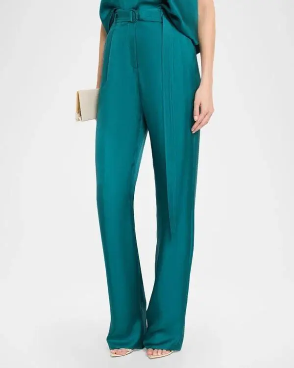 Lapointe Belted Silk Pleated Straight-leg Trousers