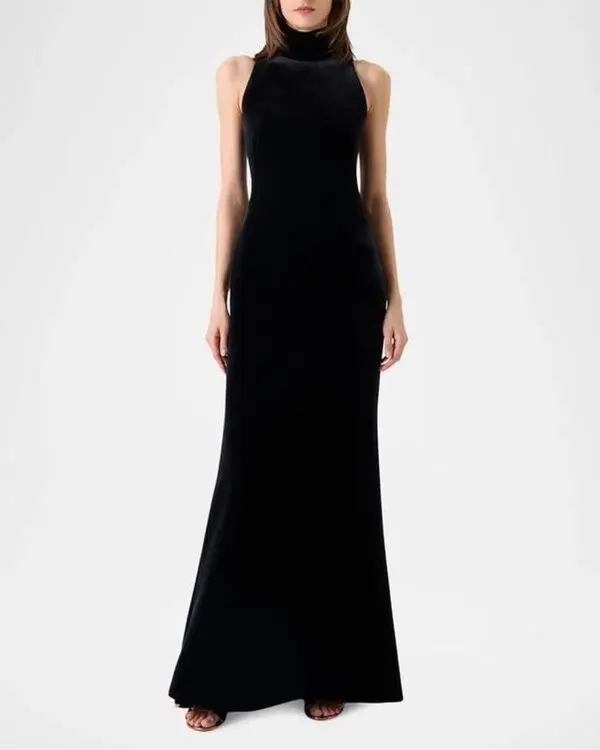 Akris Mock-neck Fringe Knot Sleeveless Velvet Trumpet Gown