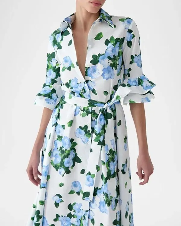 Carolina Herrera Tiered Ruffle Sleeve Belted Midi Shirtdress - White Multi
