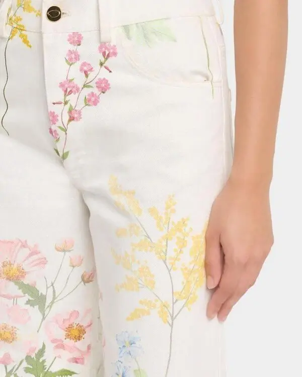 Oscar De La Renta Faded Mixed Botanical Straight-leg Ankle Pants - White Mult