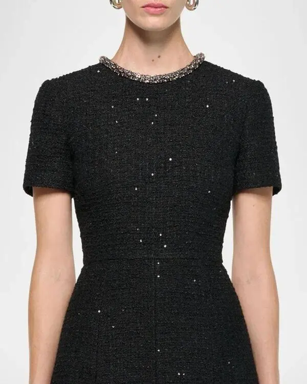 Roland Mouret Embellished-neckline Sequin Tweed Short-sleeve Midi Dress - Black