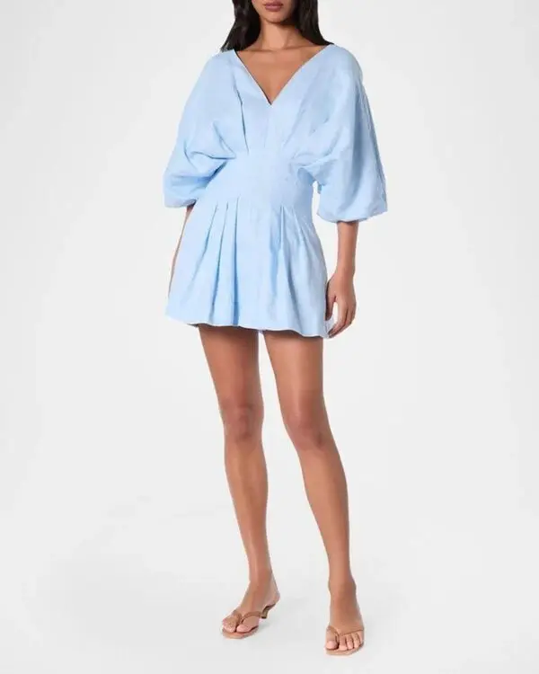 NICHOLAS Pleated Blouson-sleeve Linen Mini Dress