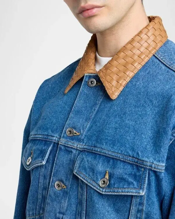 Bottega Veneta Apos;s Intrecciato-leather Collar Denim Jacket