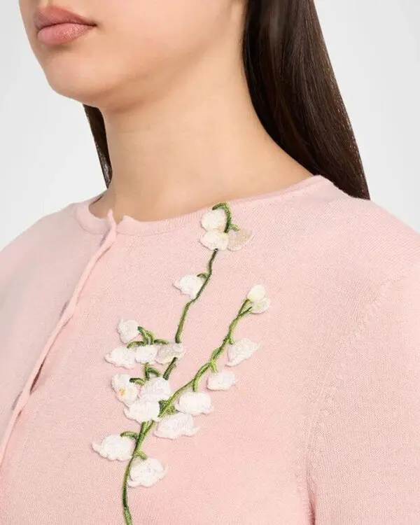 Oscar De La Renta Mixed Botanical Embroidered Crewneck Cardigan - Blush