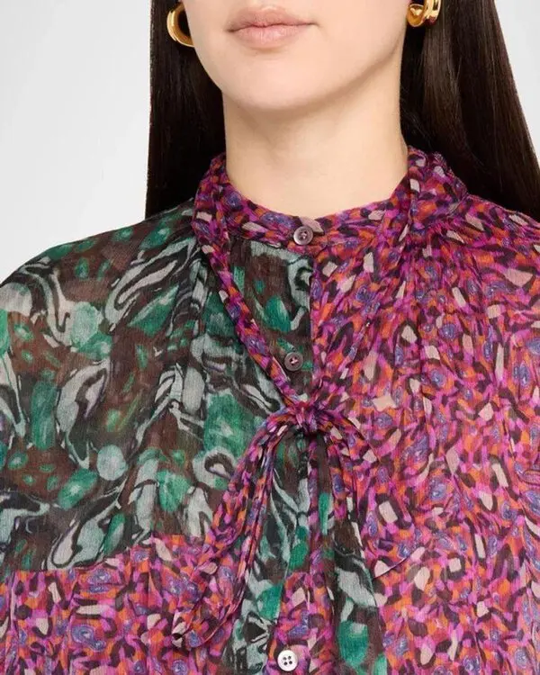 Dries Van Noten Patchwork-print Silk Plisse Neck-scarf Bubble Blouse