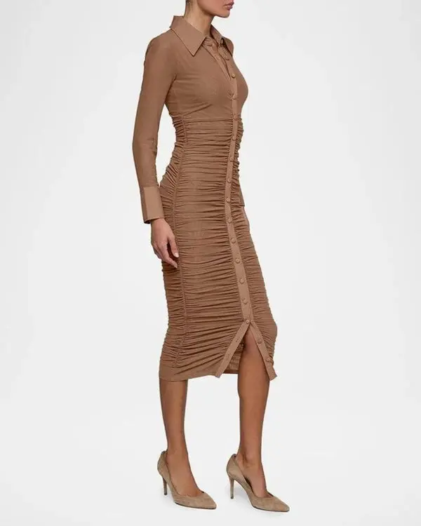 L & APOS;AGENCE Adriana Ruched Body-con Midi Shirtdress