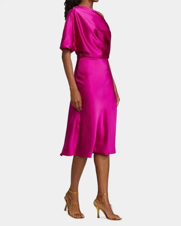 Amsale Draped Satin One-shoulder Midi Dress