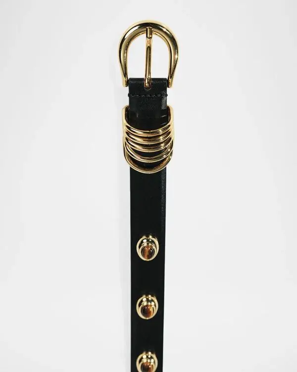 DEHANCHE Hollyhock Stone Tiger & Apos;s Eye & 24k Gold-plated Leather Belt - Black Leat